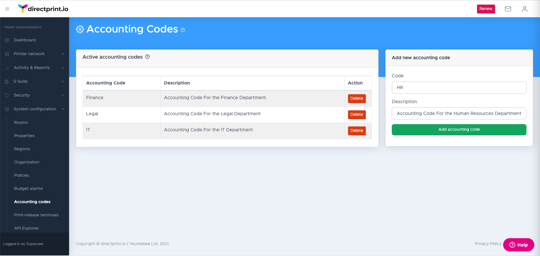Accounting codes – directprint.io